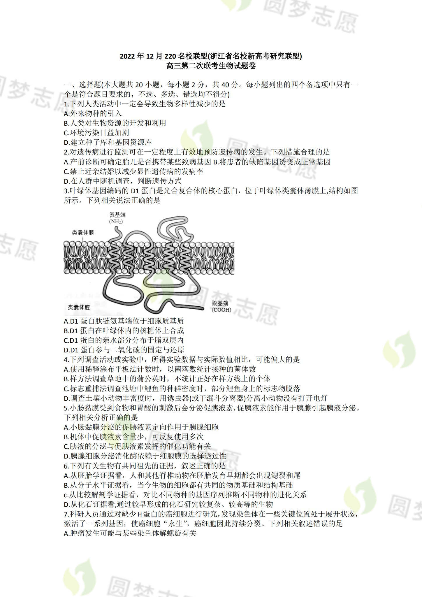 z20名校联盟2023高三第二次联考答案及试卷各科汇总